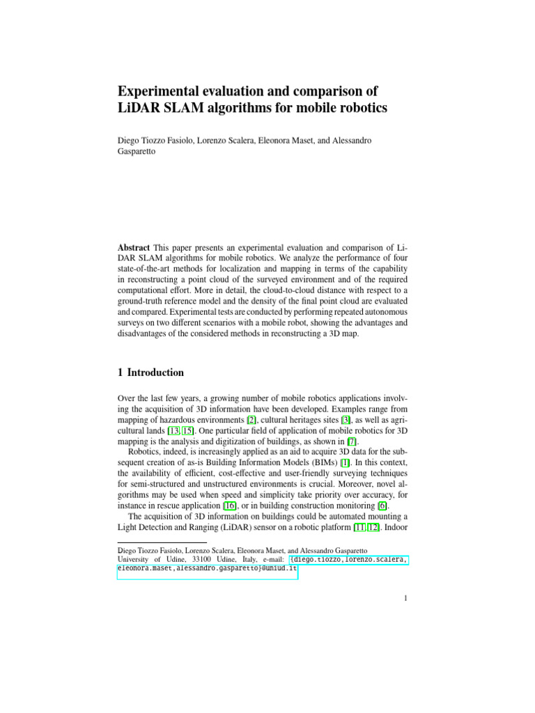 Experimental Evaluation and Comparison of LiDAR SLAM Algorithms For Mobile Robotics | PDF ...