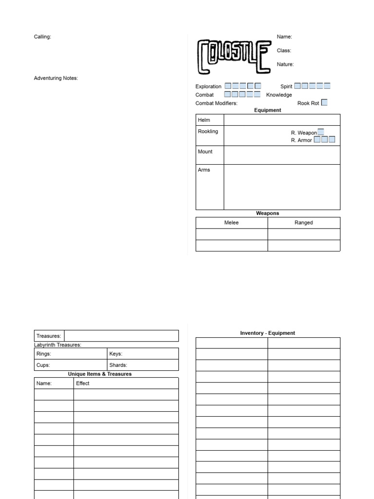 Colostle Character Sheet - Dungeons 1 | PDF