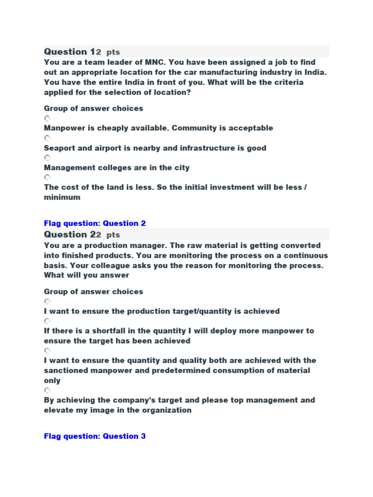 Production Management Quizz | PDF | Inventory | Retail