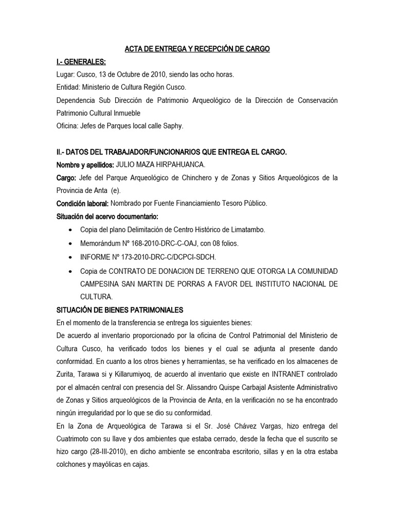 Acta de Entrega de Cargo y Recepción | PDF