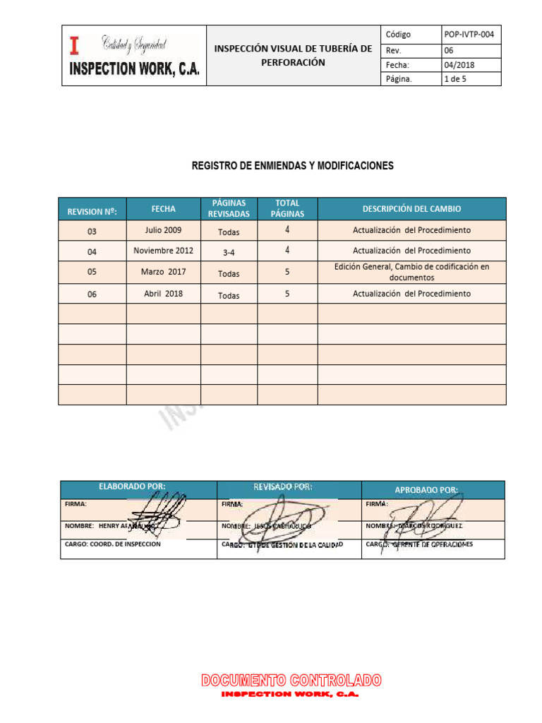 4.-POP-IVTP-004 Inspeccion Visual Tuberia Perf r.6 | PDF