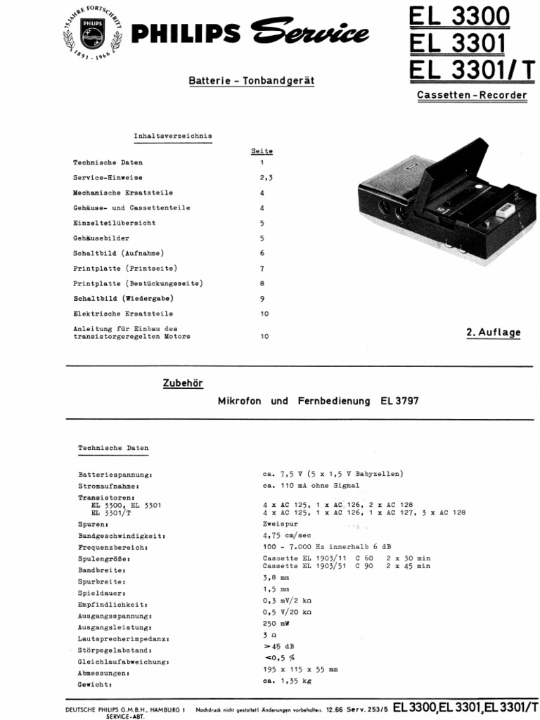 Philips Cassetten-Recorder El 3300 El 3301 El 3301-t SM | PDF