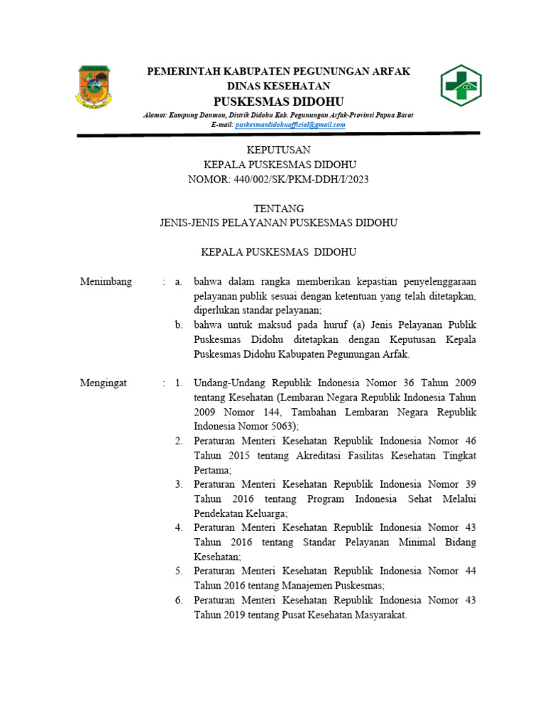 SK Jenis - Jenis Pelayanan Puskesmas | PDF