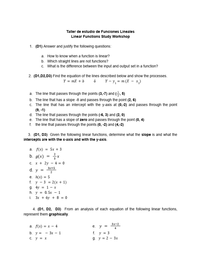 Taller de Estudio de Funciones Lineales - Linear Function | PDF ...