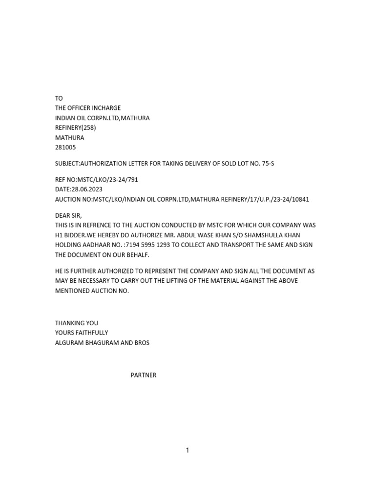 Iocl Authorization Letter | PDF