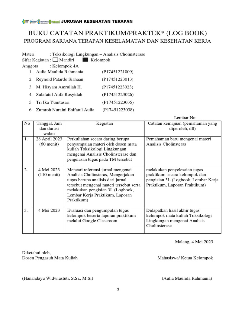 Logbook Praktikum Toksi TM 12 - Kelompok 4 - 1a k3 | PDF