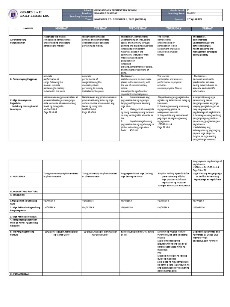 DLL - Mapeh 5 - Q2 - W4 | PDF | Learning | Cognition