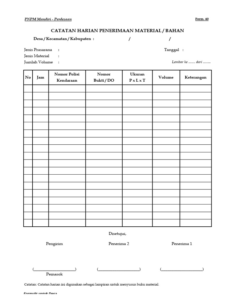 Form. 40. Catatan Harian Penerimaan Material (Infrastruktur) | PDF
