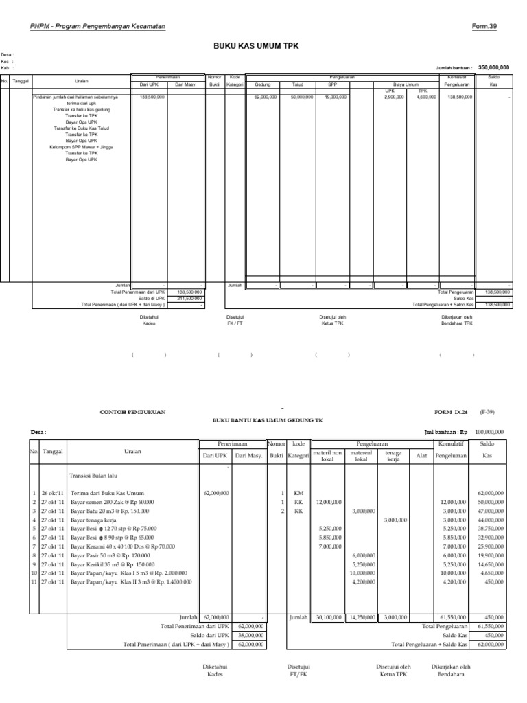 Form. 39. Form + Contoh Buku Kas Umum TPK | PDF