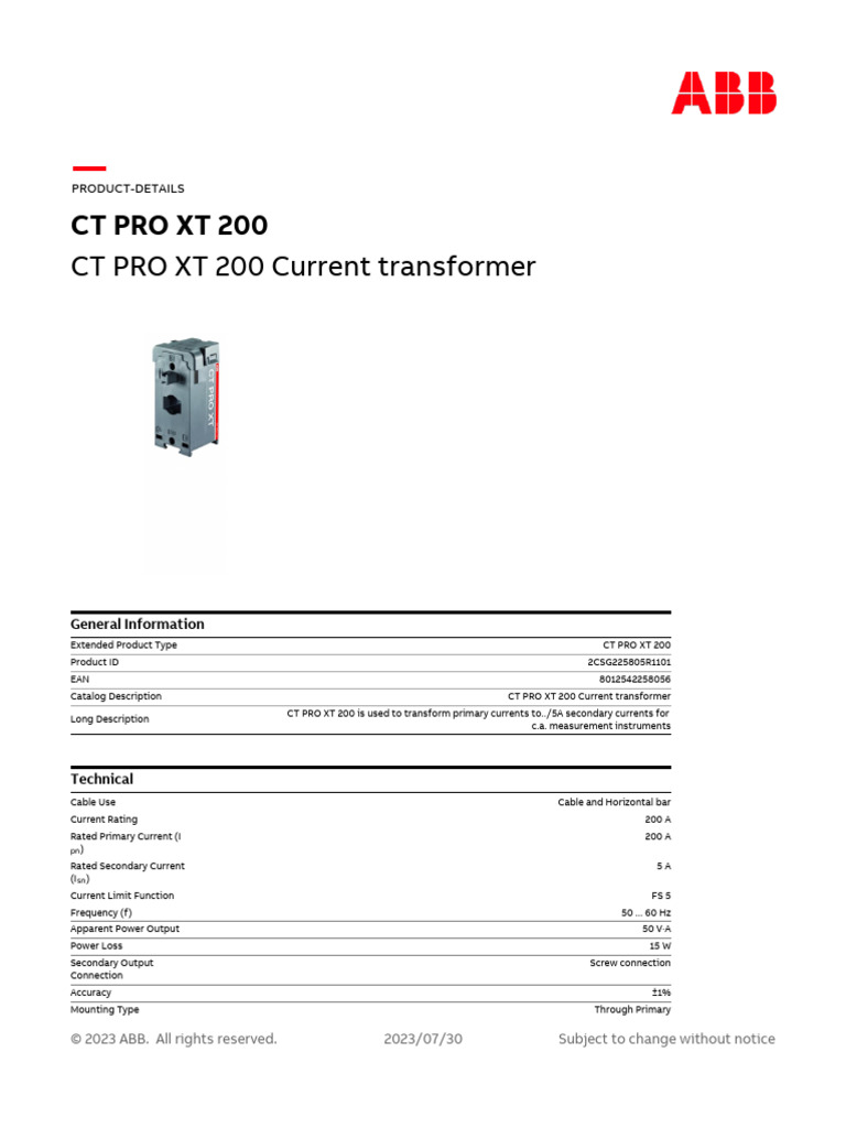 2CSG225805R1101 CT Pro XT 200 | PDF | Transformer | Electronics