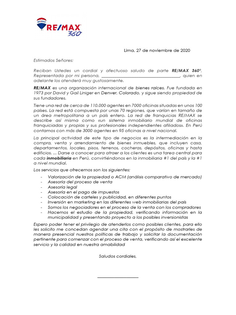 Carta de Presentación RE/MAX 360° | PDF