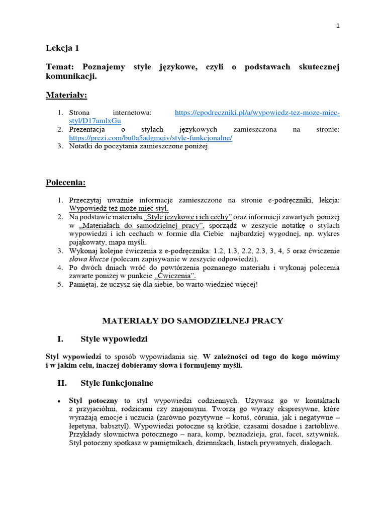 Klasa VIII J.pol - Style Wypowiedzi | PDF