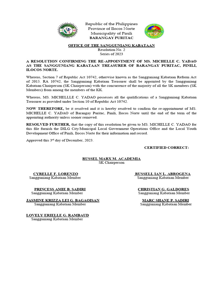 Resolution No. 2 Series of 2023 | PDF | Oath Of Office | Government