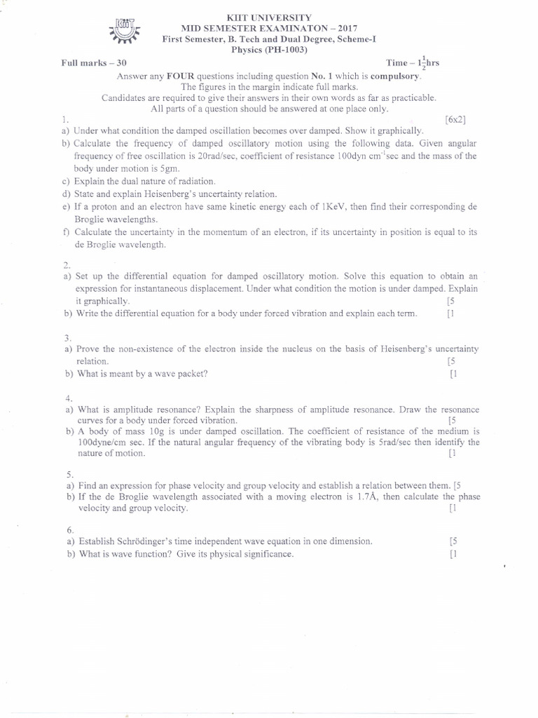 1st Mid Sem Physics PH-1003 2017 | PDF