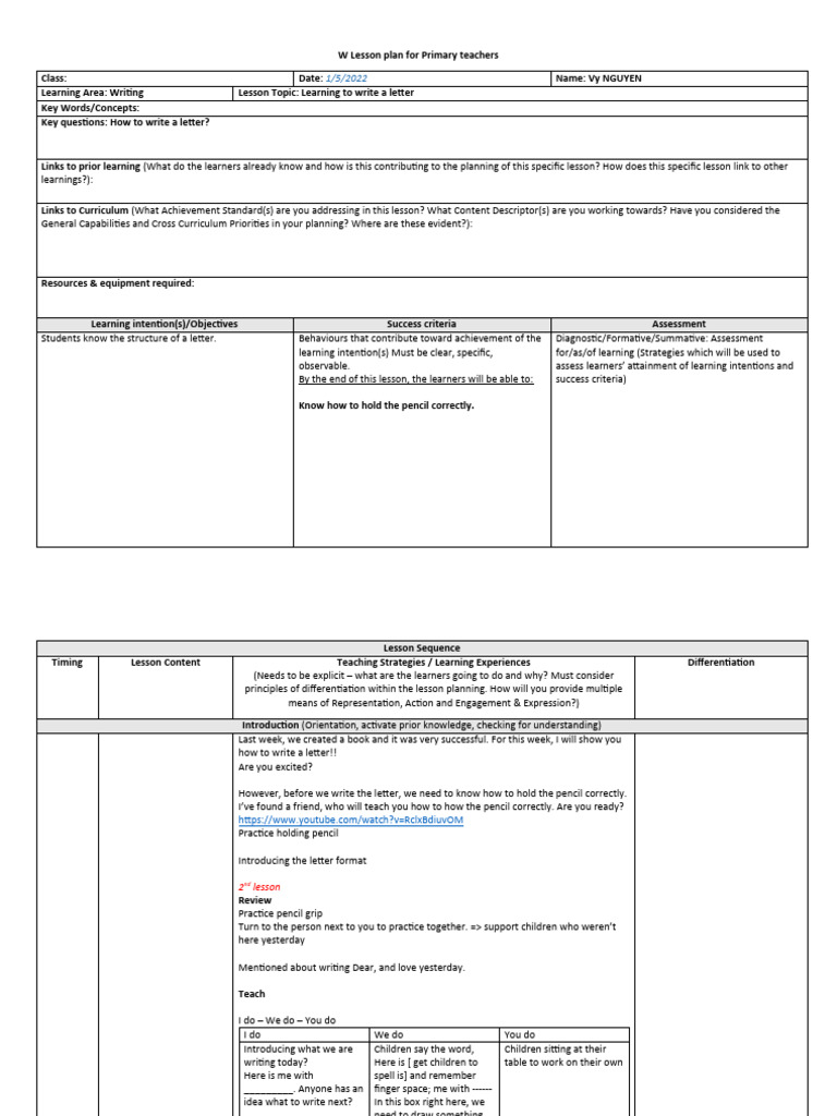 Writing Letter Lesson Plan | PDF | Learning | Cognition