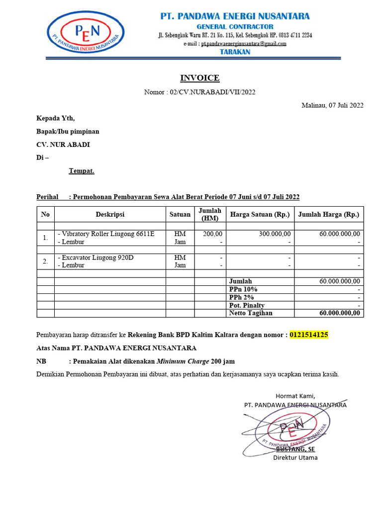 Invoice Sewa Alat Berat Liugong | PDF