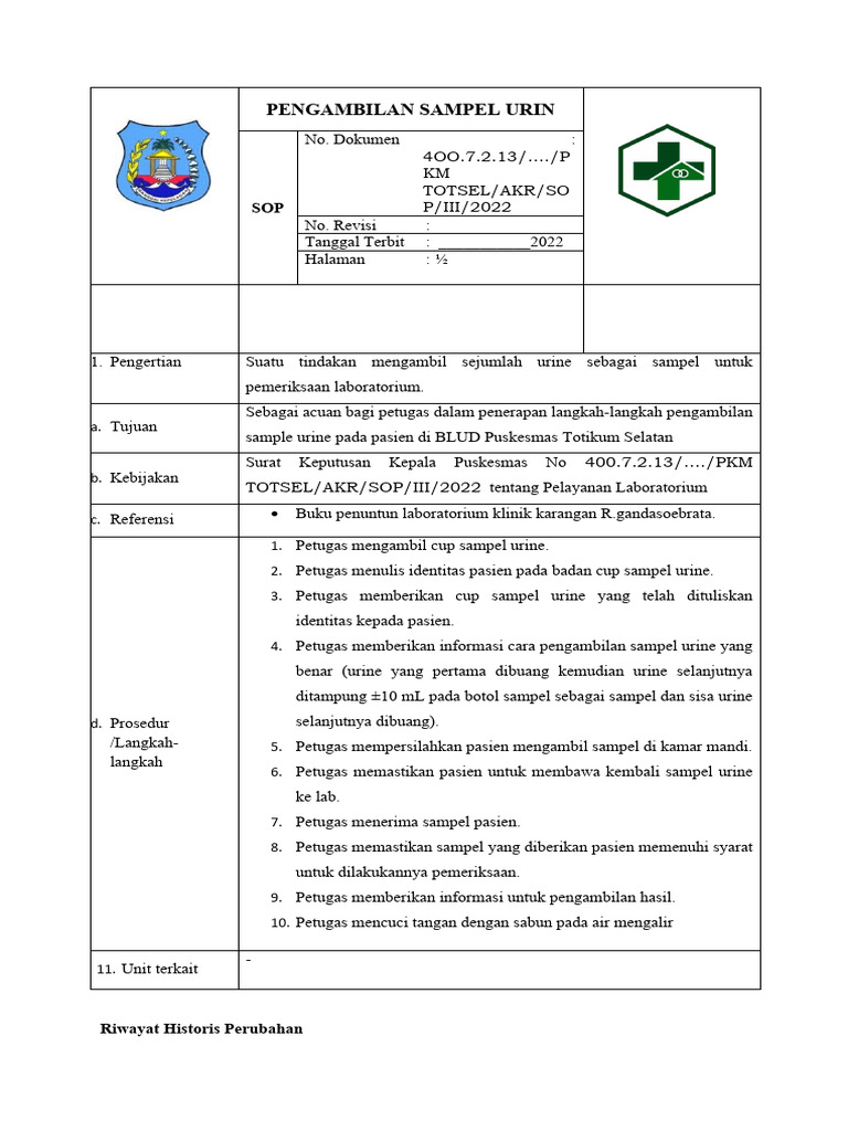 Sop Pengambilan Sampel Urine 12 | PDF | Sains & Matematika