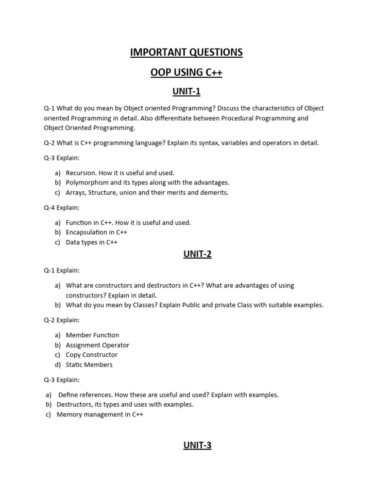 IMPORTANT QUESTIONS 4th Sem OOP Usingc++ | PDF