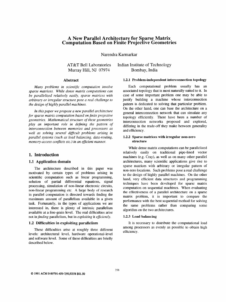 A New Parallel Architecture For Sparse Matrix Computation Based On Finite Projective Geometries ...