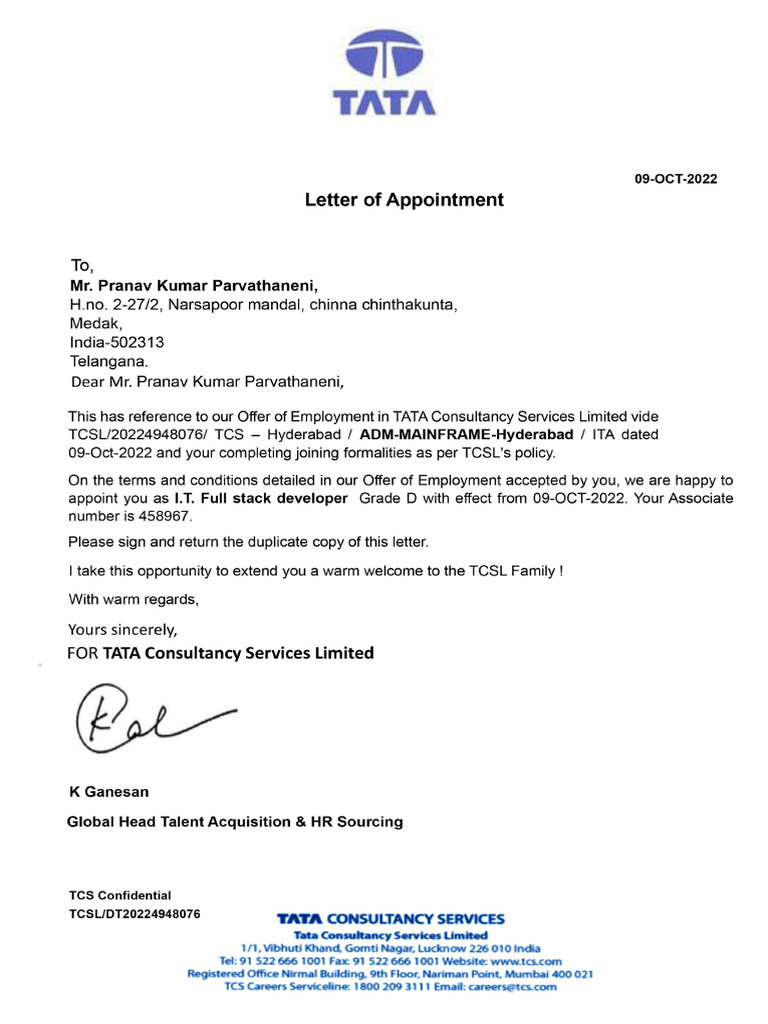 Letter-Of-Appointment Tcs Hyd | PDF
