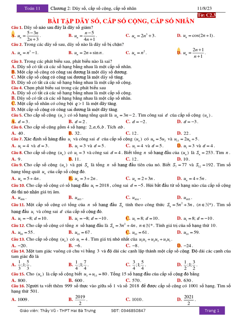 C2.3. Bài tập dãy số CSC CSN | PDF