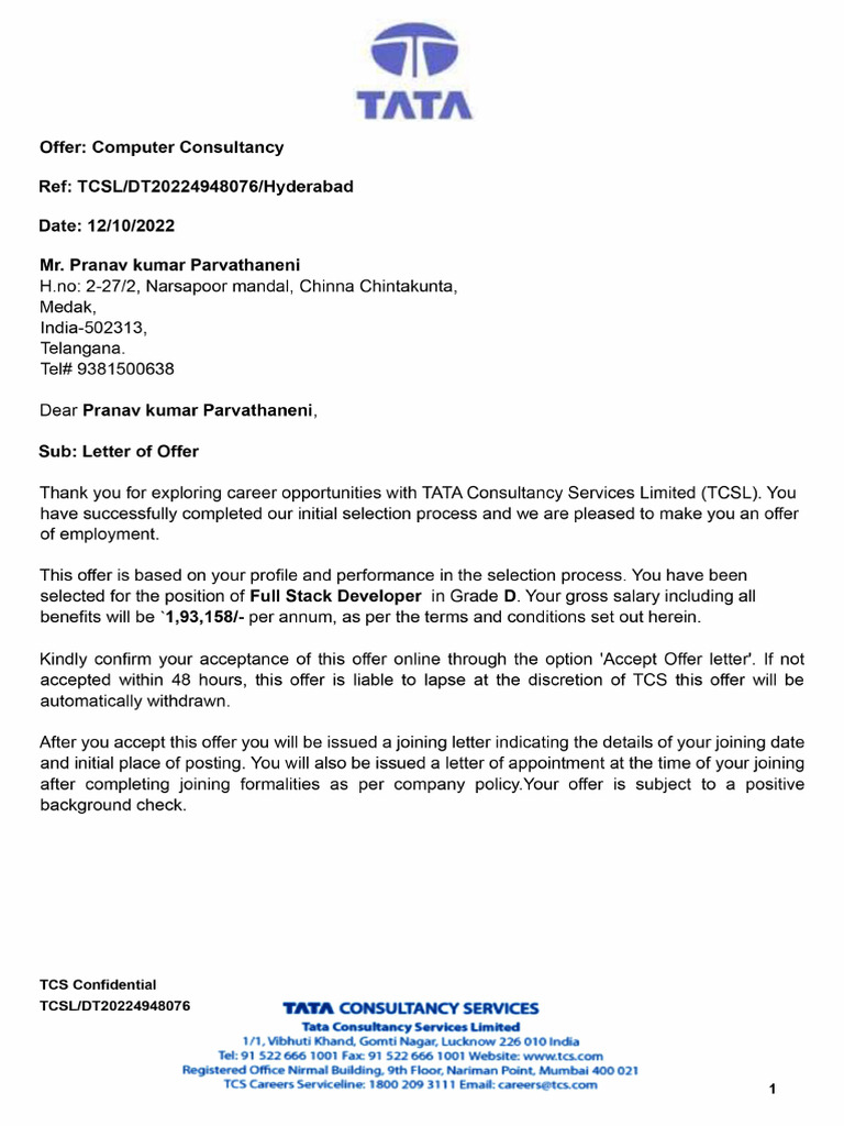Offerletter Tcs Hyd | PDF