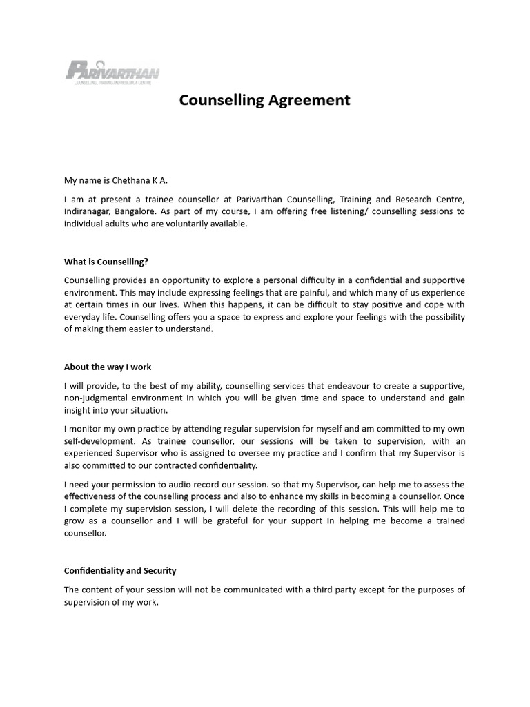 Counselling Agreement at Parivarthan | PDF | Self-Improvement