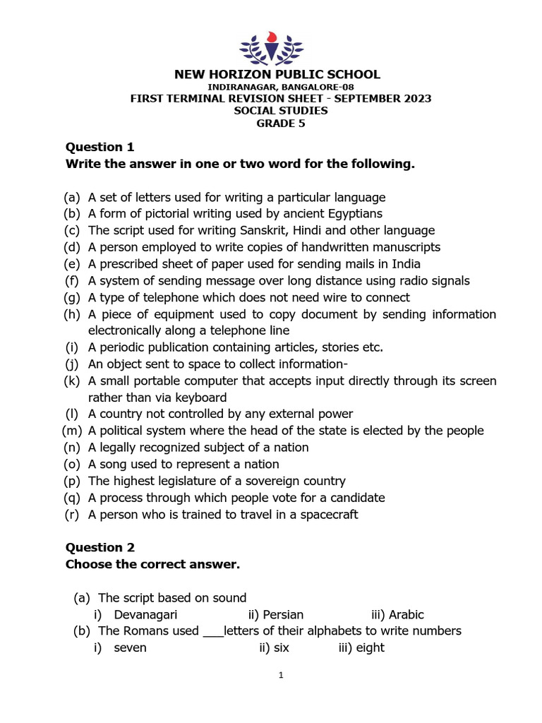 Grade 5 Social Studies Revision Sheet | PDF