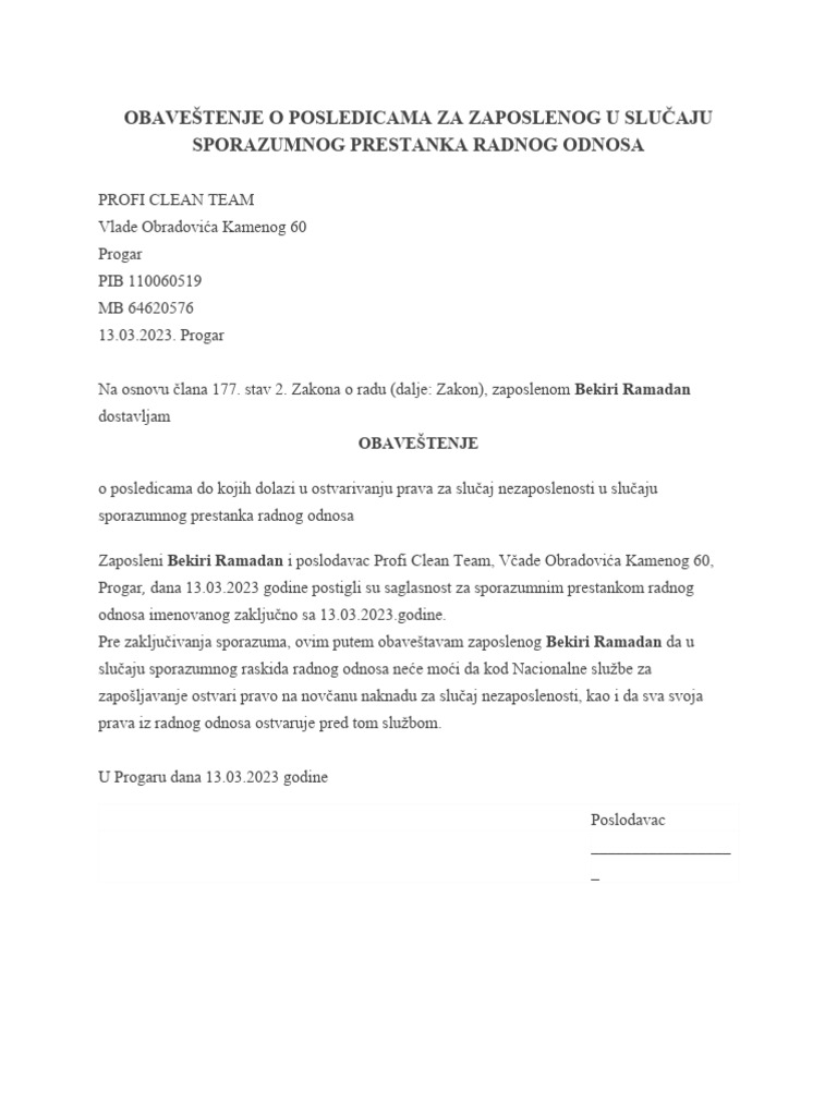 Obaveštenje o Posledicama Za Zaposlenog U Slučaju Sporazumnog Prestanka Radnog Odnosa | PDF