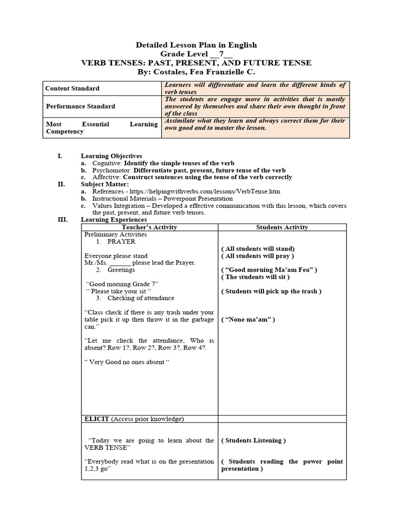 Verb Tenses Lesson Plan | Download Free PDF | Grammatical Tense | Learning