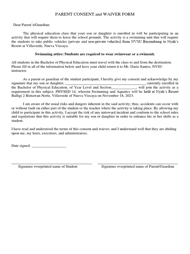 Swimming Waiver Form | PDF