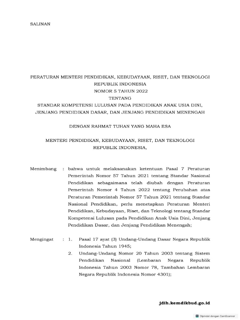 Permendikbudristek Nomor 5 Tahun 2022 - SKL | PDF