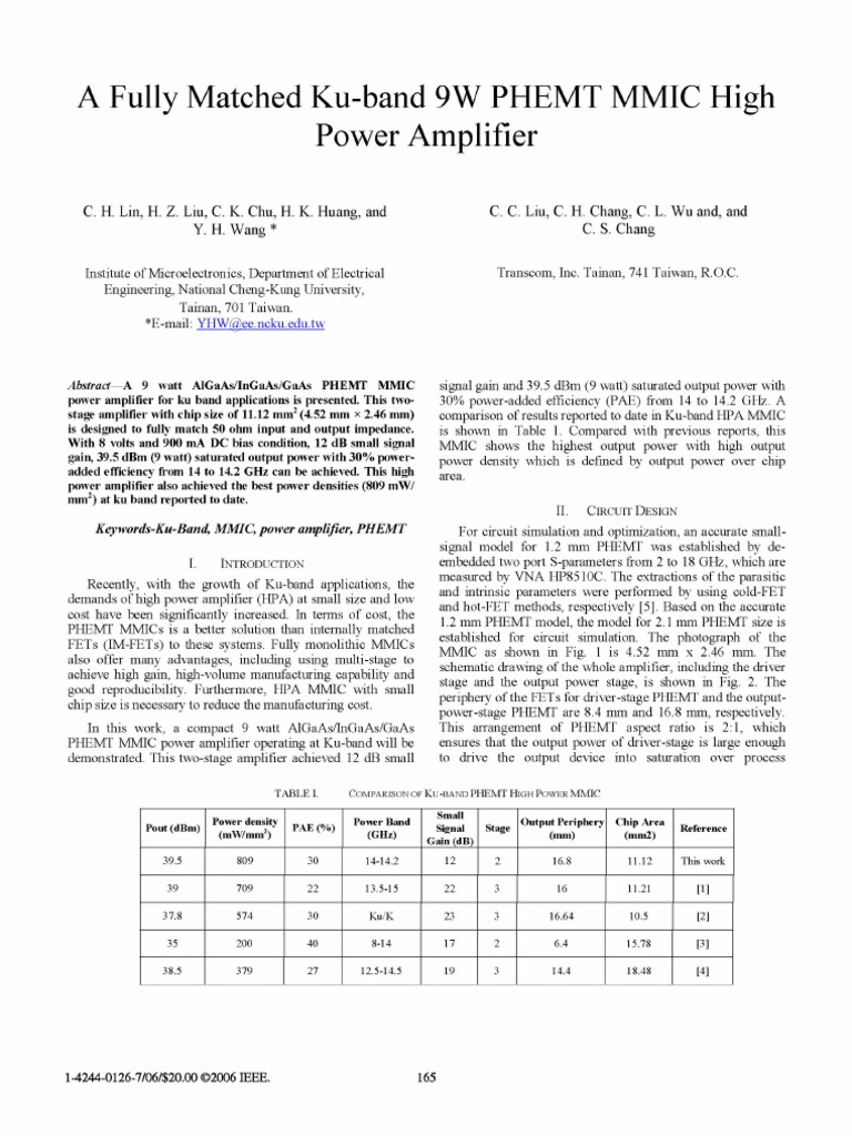 A Fully Matched Ku-Band 9W PHEMT MMIC High Power Amplifier | PDF | Amplifier | Field Effect ...