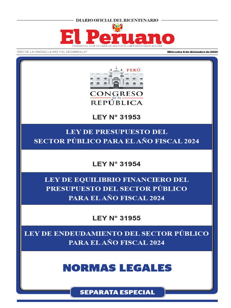 Normas Legales: Ley de Presupuesto Del Sector Público para El Año Fiscal 2024 | PDF ...