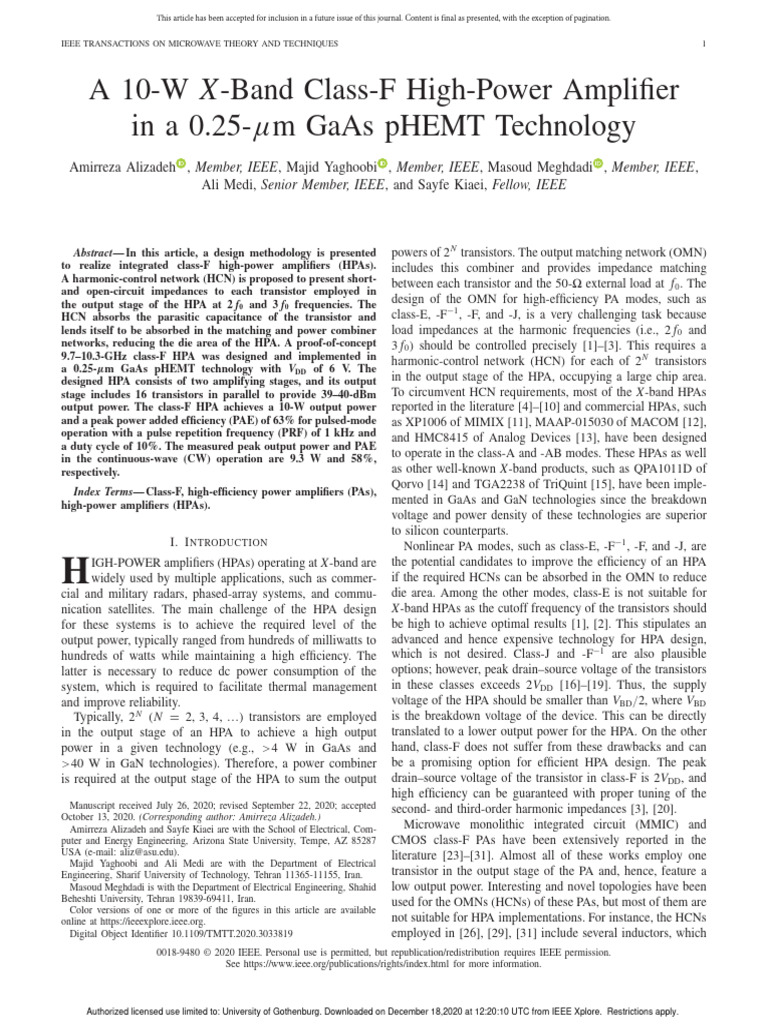 A 10-W X-Band Class-F High-Power Amplifier in a 0.25-μm GaAs pHEMT Technology | PDF | Amplifier ...