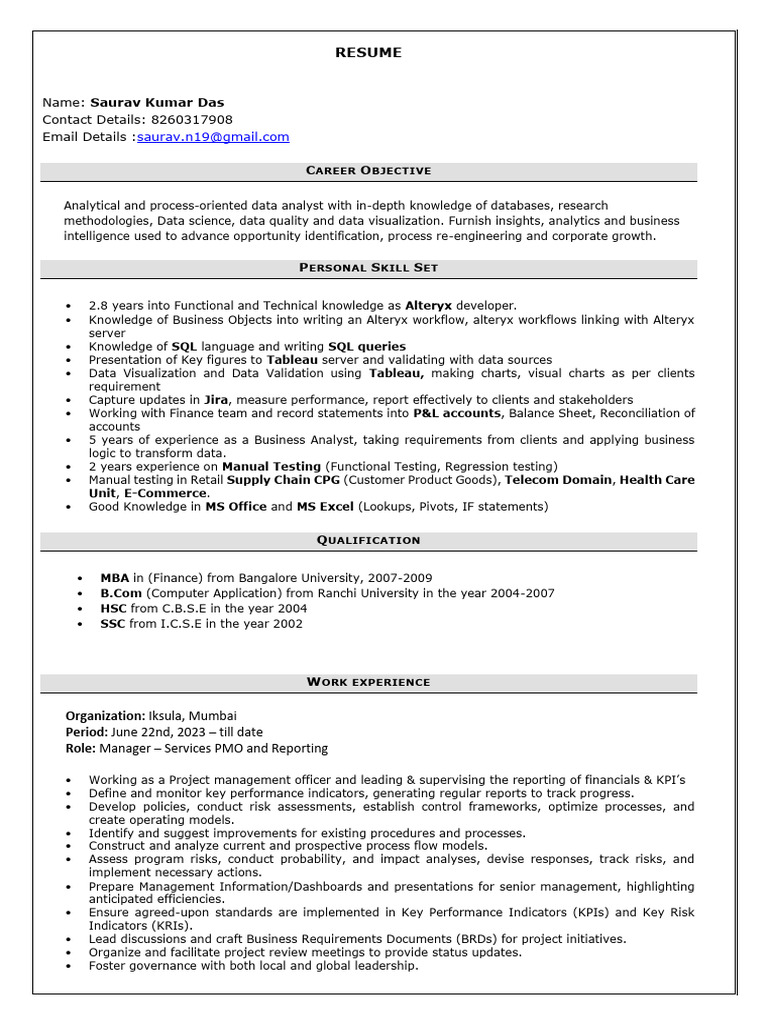Saurav KR Das Resume | PDF | Project Management | Risk