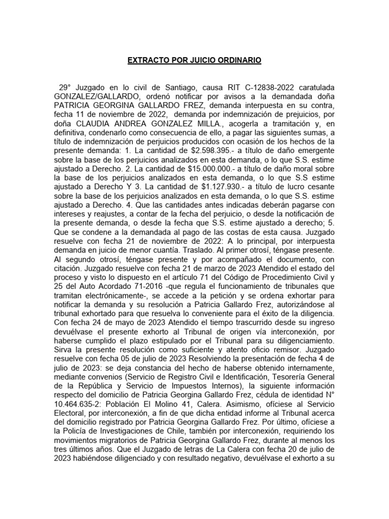Extracto Notificacion Por Avisos Gonzalez Gallardo | PDF | Demanda judicial | Daños y perjuicios