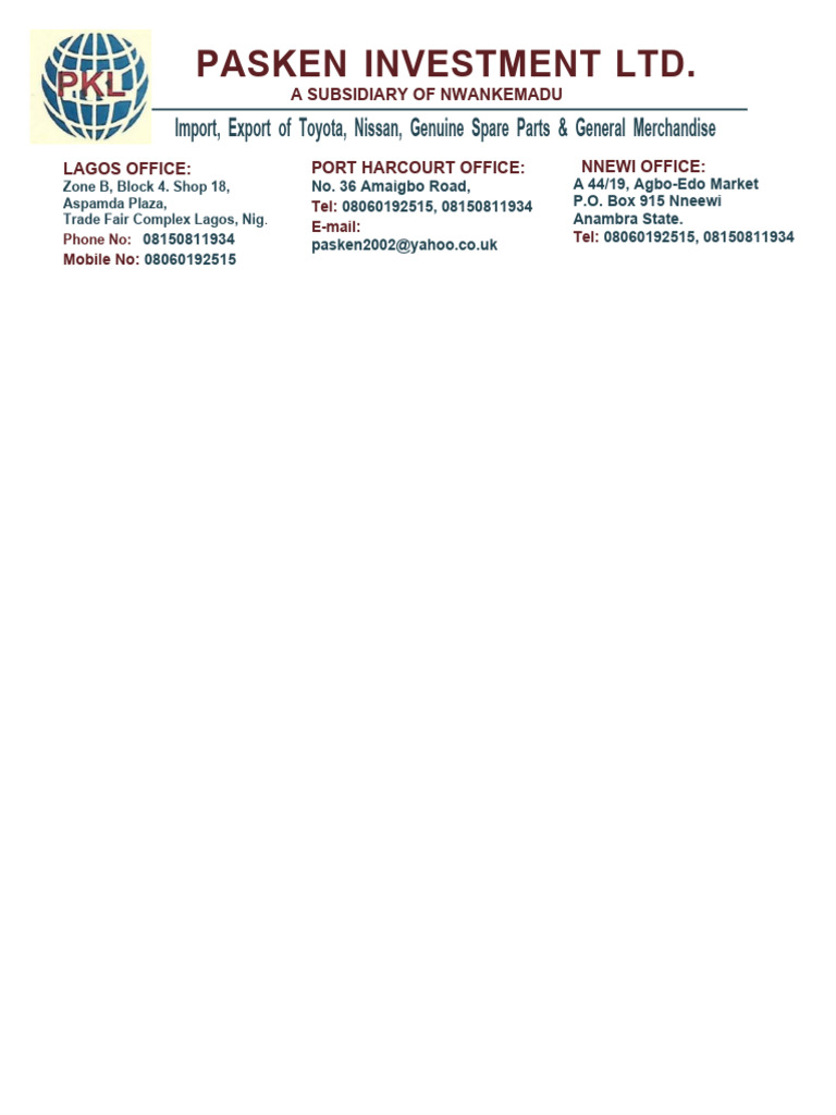 Pasken Investment Ltd: Auto Parts & Merchandise | PDF | Business