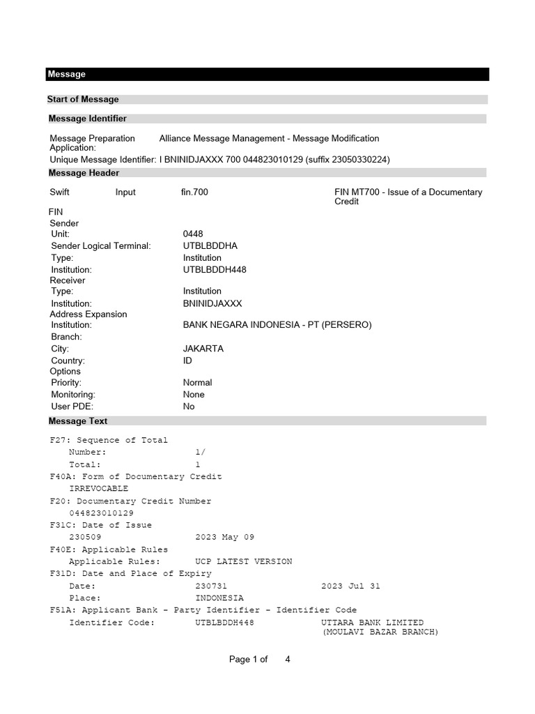 SWIFT MT700 Documentary Credit Details | PDF | Letter Of Credit | Receipt