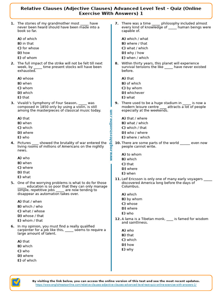 343 - Relative Clauses Adjective Clauses Advanced Level Test Quiz ...