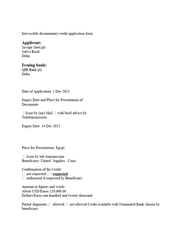 Irrevocable Documentary Credit Application Form Traditional | PDF ...