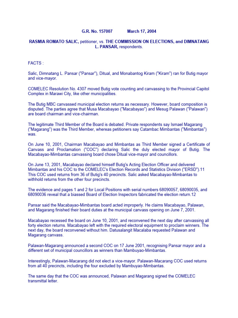 Salic vs. COMELEC | PDF | Elections | Commission On Elections (Philippines)