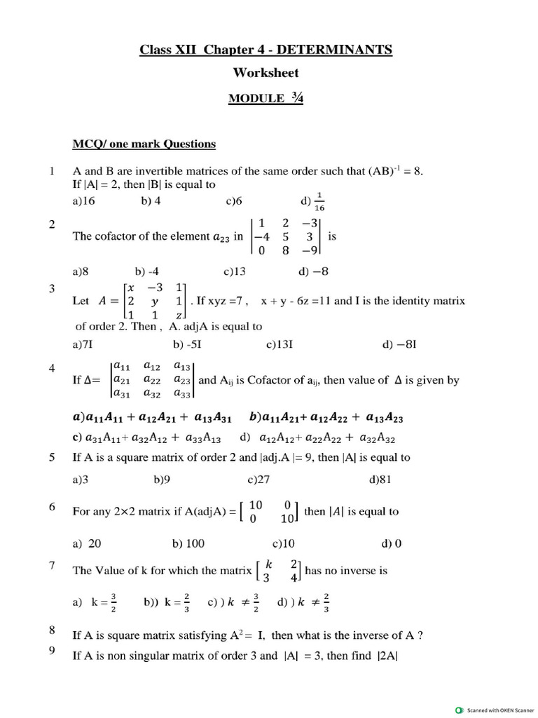 Work Sheet - Module 3 (Class 12 Maths Chapter 4 Determinants) by Mini Maria Tomy | PDF