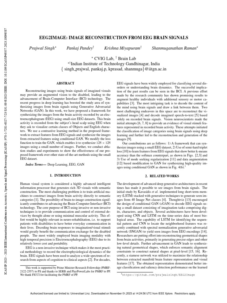 Eeg2image Image Reconstruction From Eeg Brain Signals Pdf
