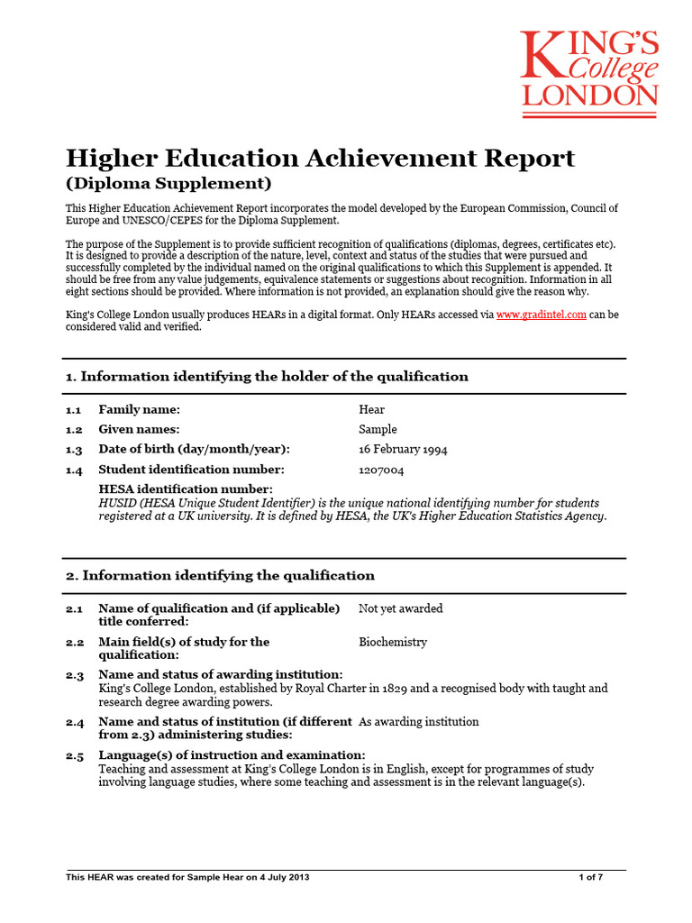KCL Sample Hear | PDF | Academic Degree | Educational Stages