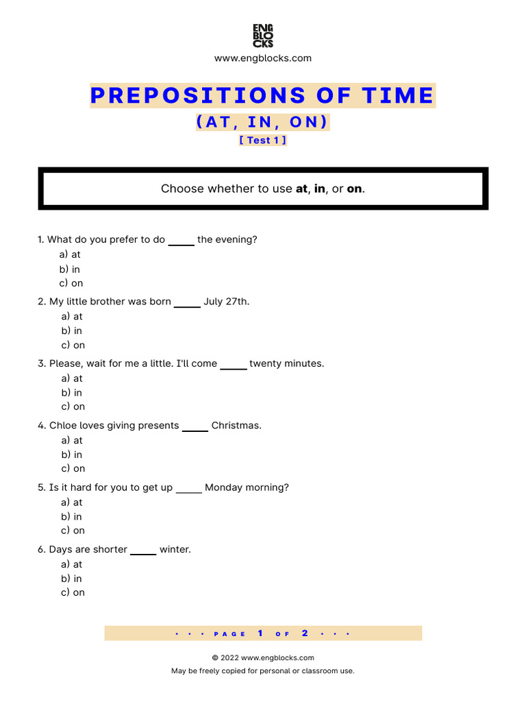 Prepositions of Time at in On Quiz | PDF
