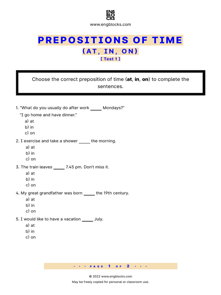 Prepositions of Time at in On Quiz 2 | PDF