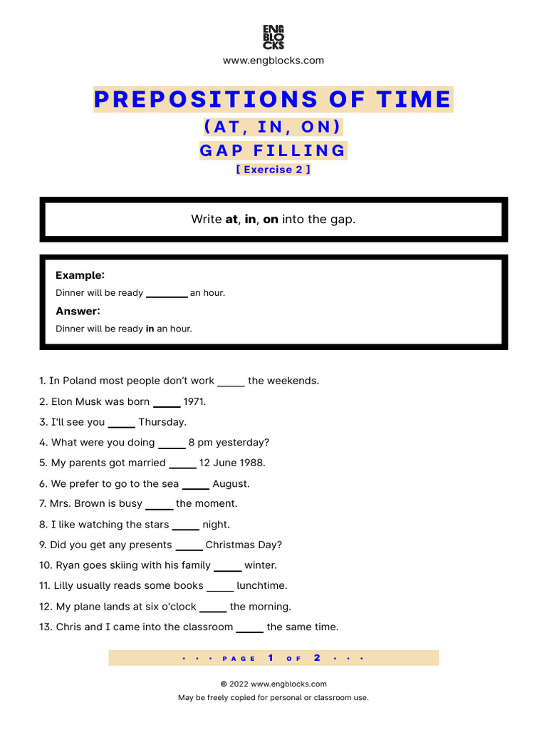 Prepositions of Time at in On Gap Filling Exercise 2 | PDF