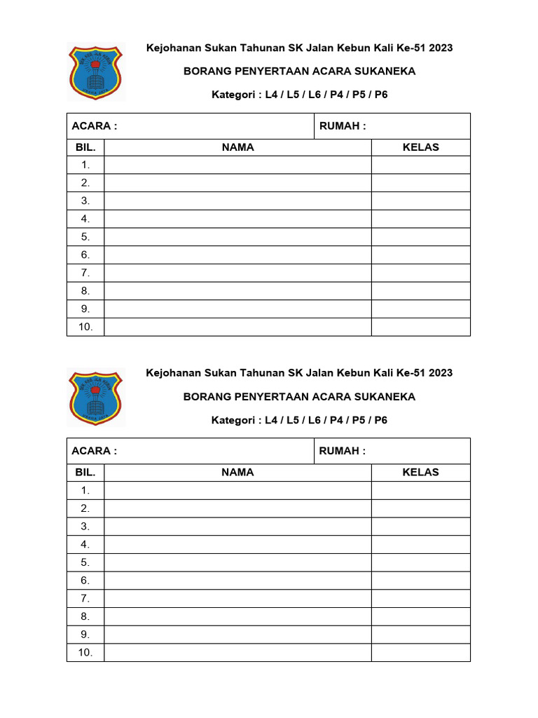 Borang Penyertaan Sukaneka | PDF | Olahraga & Rekreasi