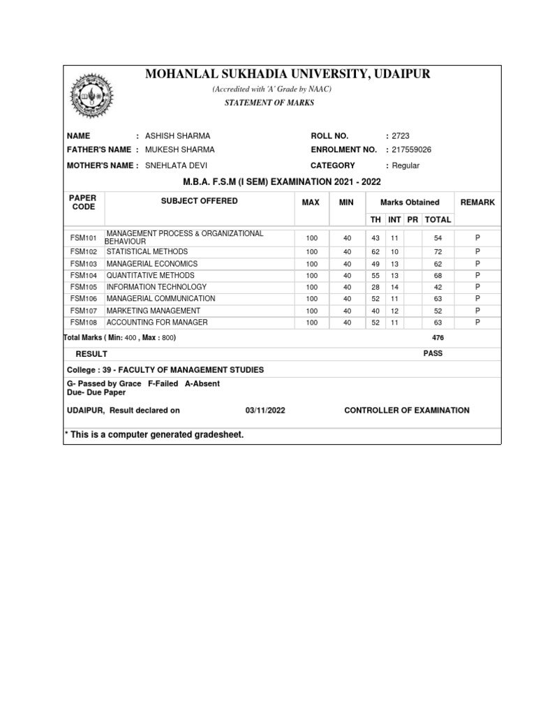 Mohanlal Sukhadia University, Udaipur: M.B.A. F.S.M (I SEM) EXAMINATION 2021 - 2022 | PDF